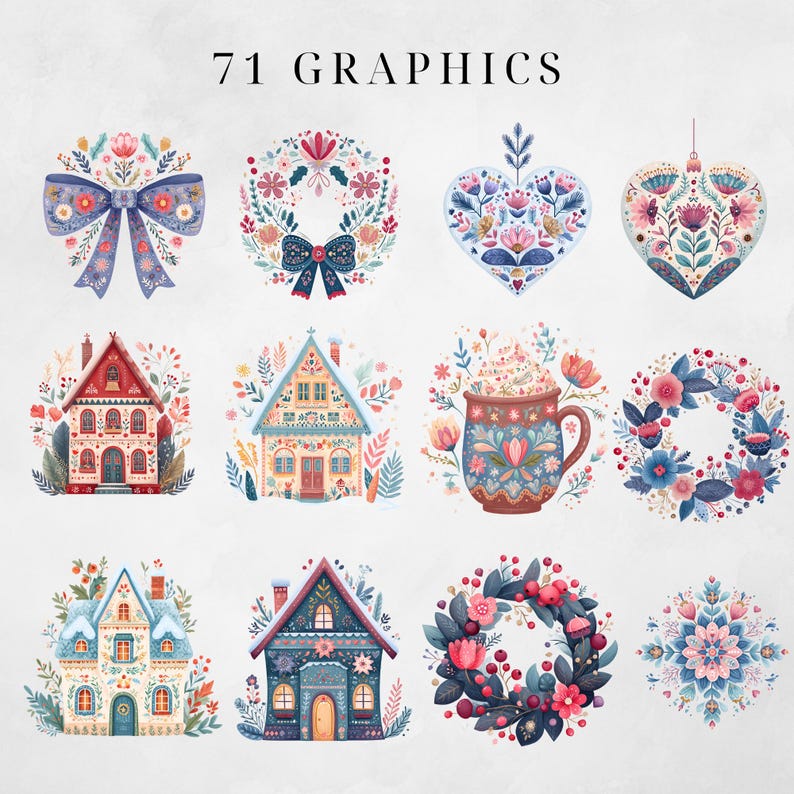 Folk Christmas Clipart Bundle, Whimsical Scandinavian Holiday Pngs ...