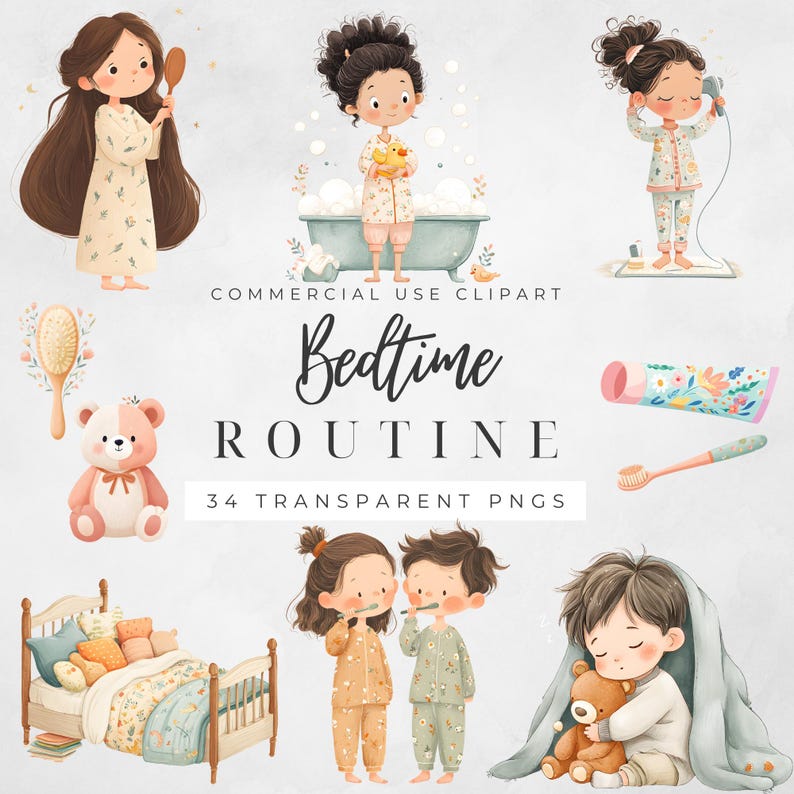 Bedtime Routine Clipart, Fun Kids Visual Schedule, Watercolor ...