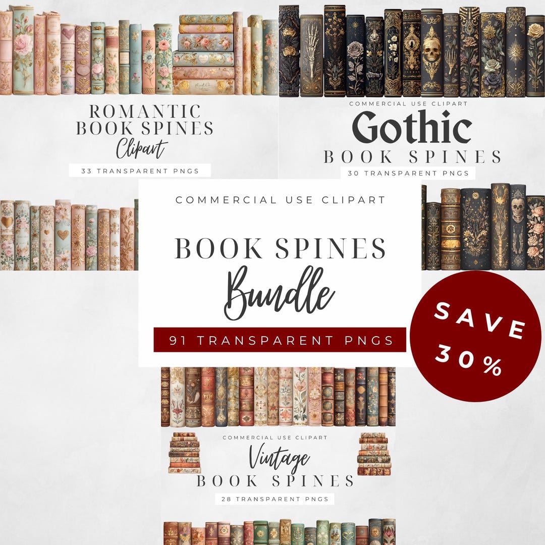 Book Spine Clipart Bundle, Vintage, Romantic and Gothic Book Spines ...