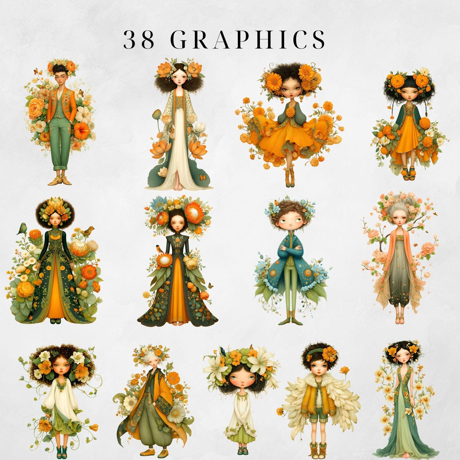 Peculiar People Clipart, Whimsical Watercolor Flower Characters, Unique ...