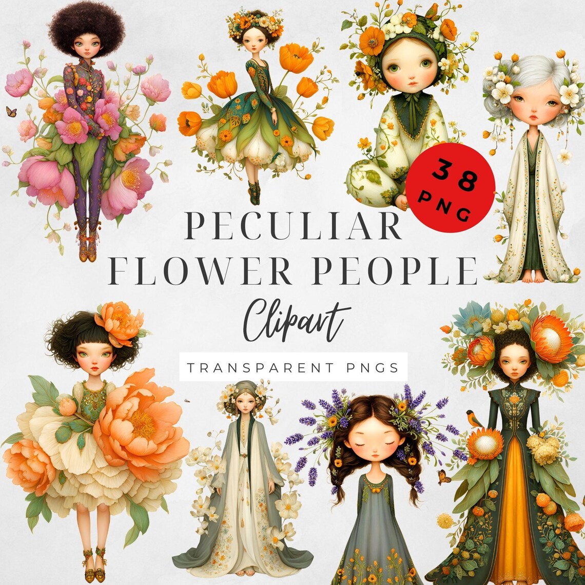 Peculiar People Clipart, Whimsical Watercolor Flower Characters, Unique ...