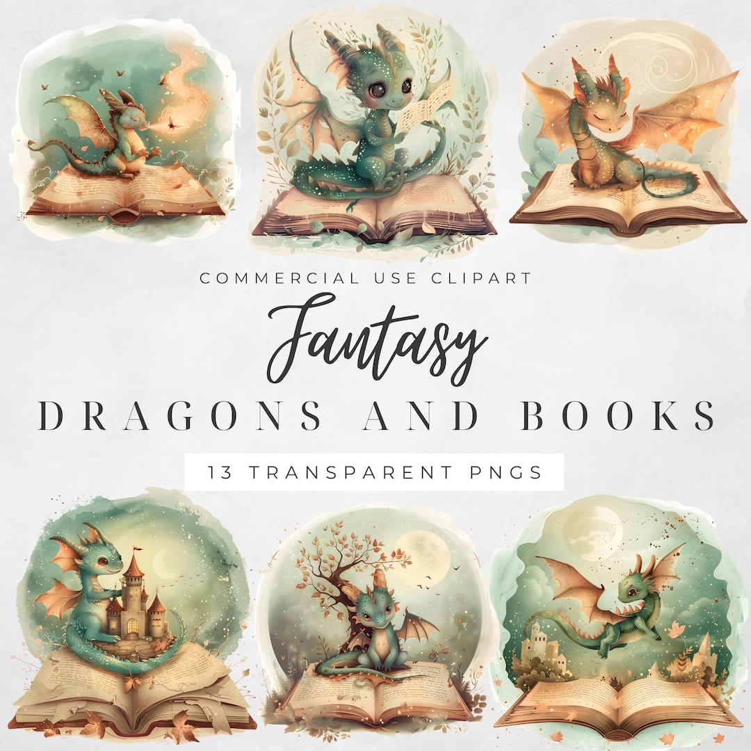 Fantasy Dragon Clipart Set: Cute Dragons With Books, Art for Book ...