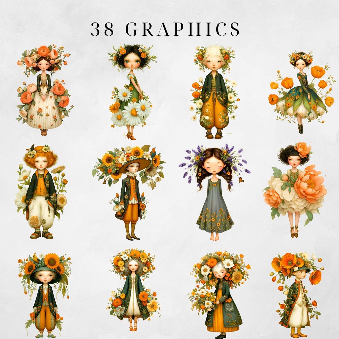 Peculiar People Clipart, Whimsical Watercolor Flower Characters, Unique ...