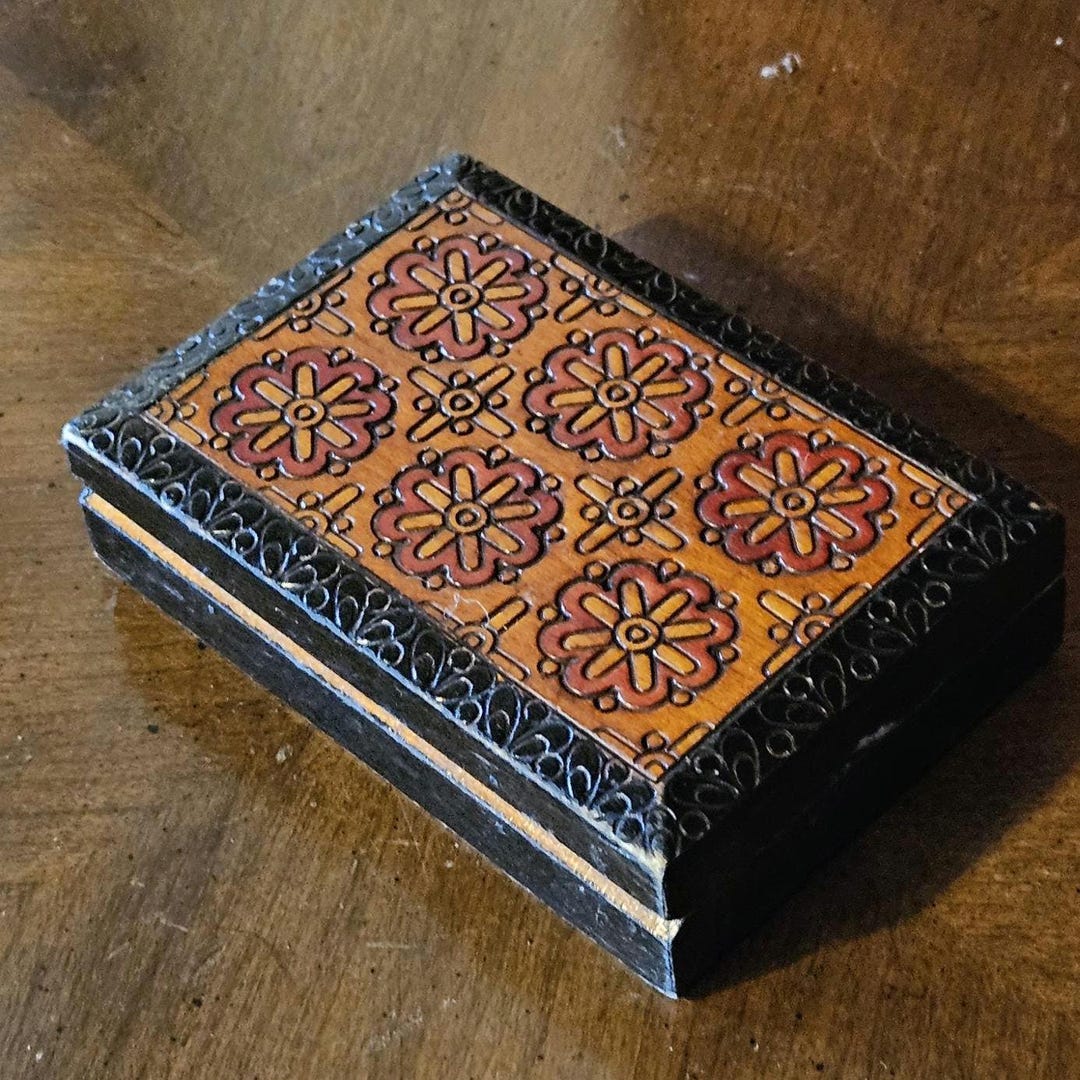 Vintage Polish Hand Carved Wooden Trinket Box Orange Folk Art Floral ...