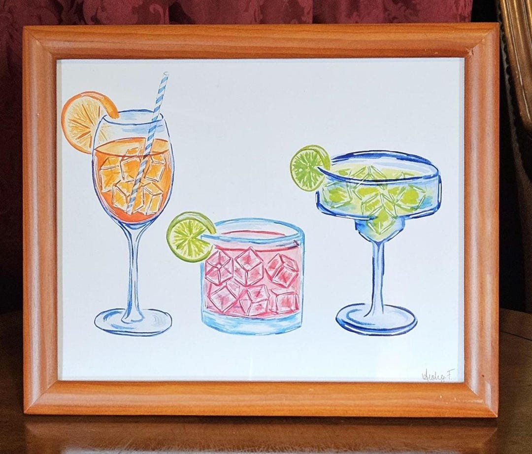 Original Watercolor Cocktail Trio Signed & Framed 11×9″ Hand‑painted ...
