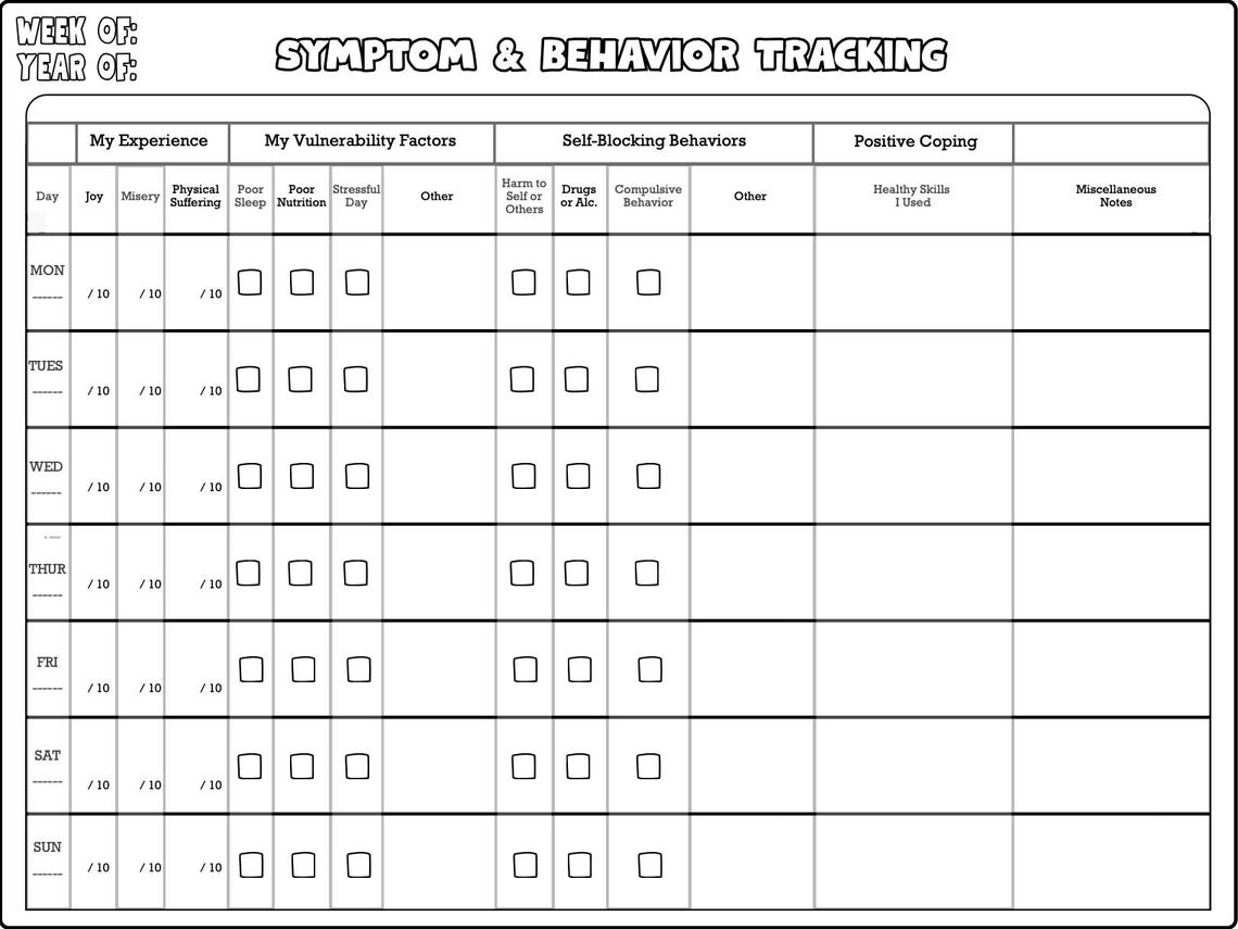 DBT Weekly Symptom and Mood Tracker – Therapy Diary Card (digital PDF ...
