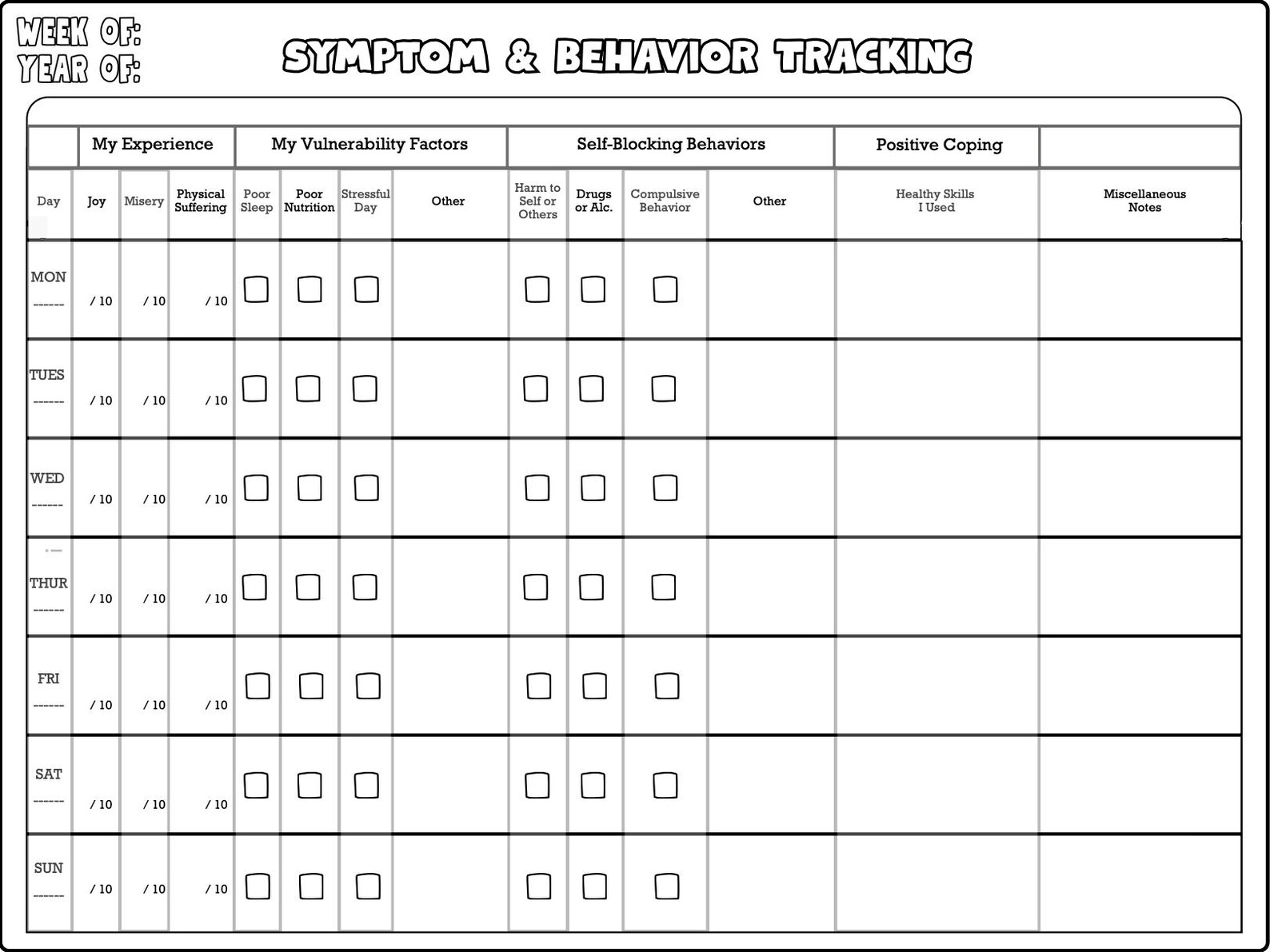 DBT Weekly Symptom and Mood Tracker – Therapy Diary Card (digital PDF ...