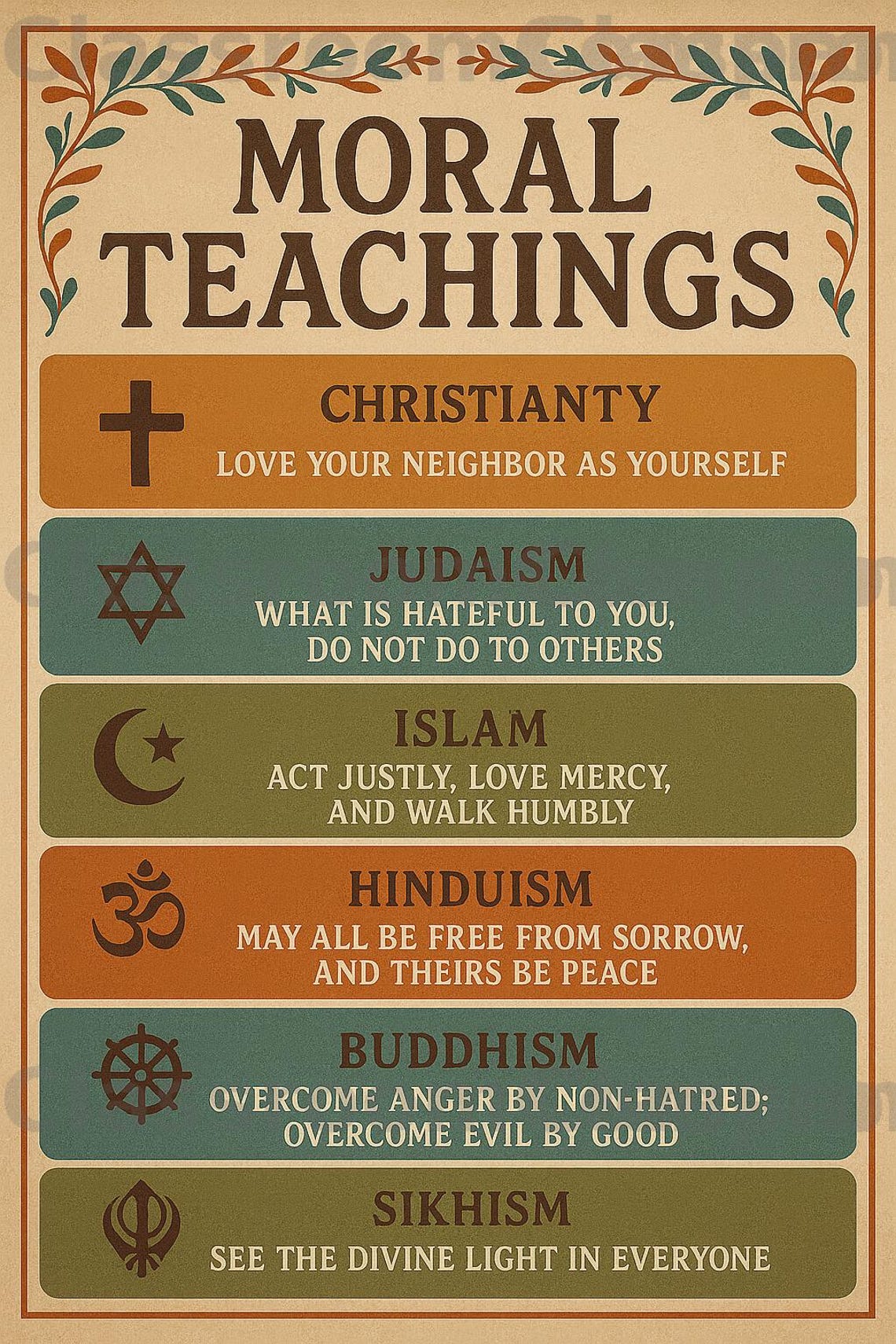 World Religions Moral Teachings Poster | 16x20 Printable | Inclusive ...