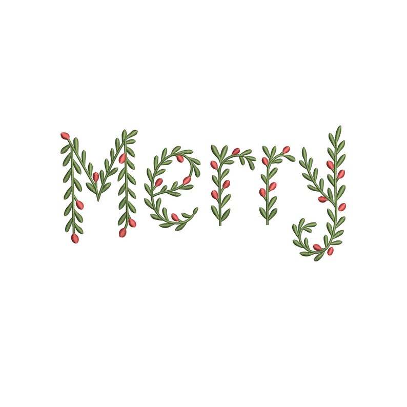 Merry Embroidery Design, Christmas Leaf Lettering With Red Berries - Etsy
