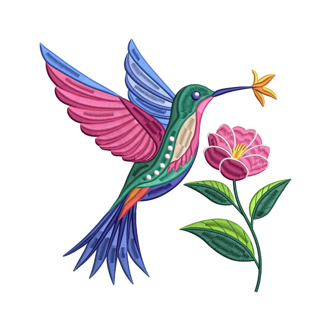 Hummingbird Embroidery Design, Colorful Bird & Flower, Nature Floral ...