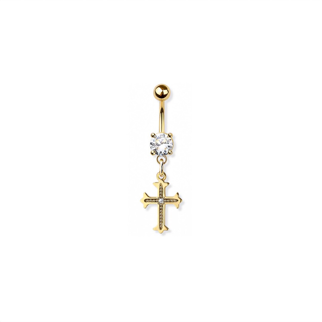 Cross Dangle Belly Button Ring - Dangle Belly Jewelry - CZ Stones ...