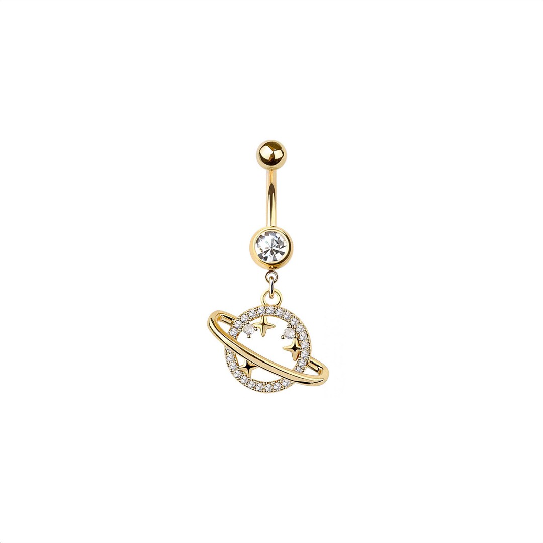 Stars & Planet Belly Button Ring - Dangle Belly Ring - CZ Stones - 316L ...