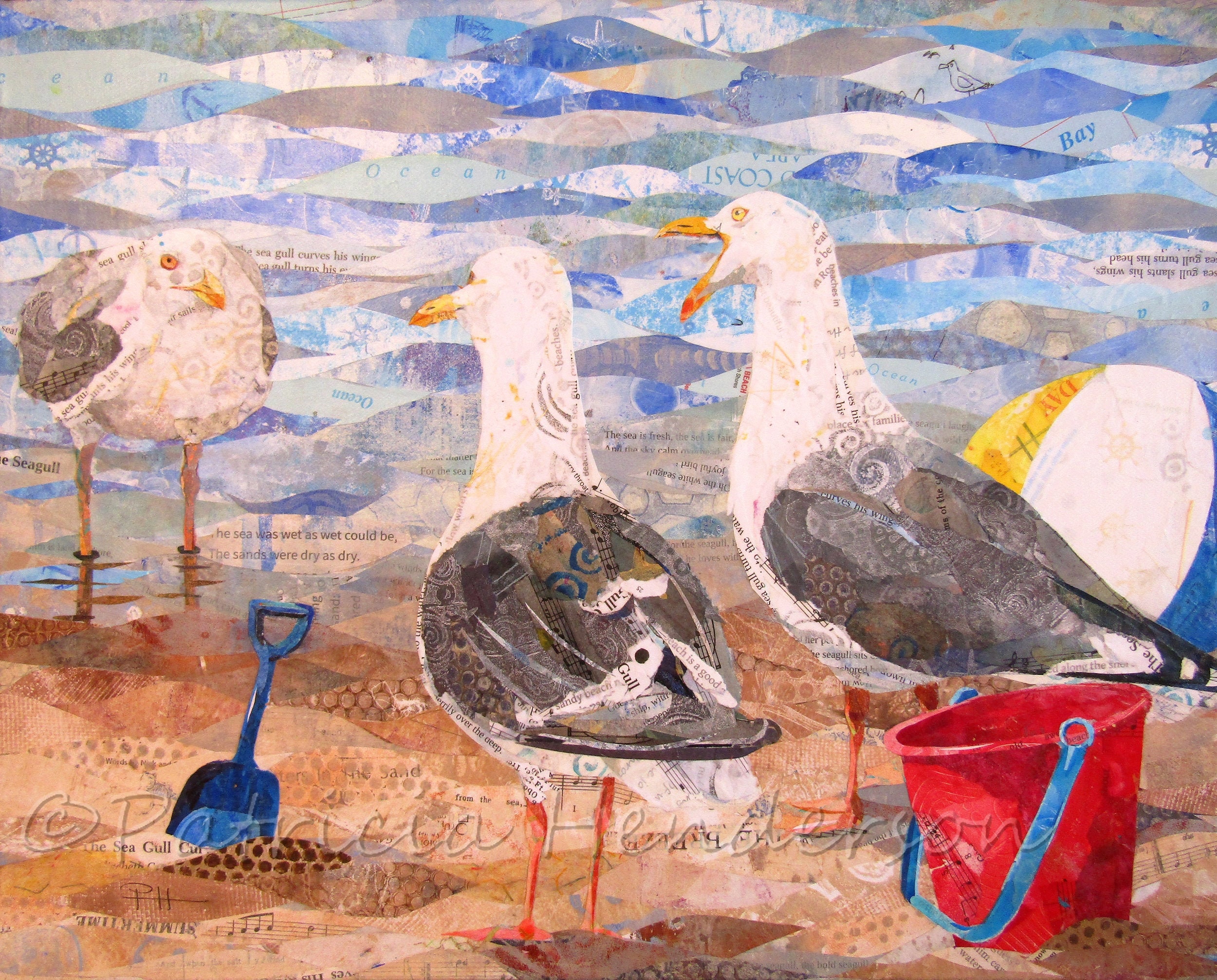 A Day at the Beach Original Paper Collage Seagull Painting 16 X 20" on ...