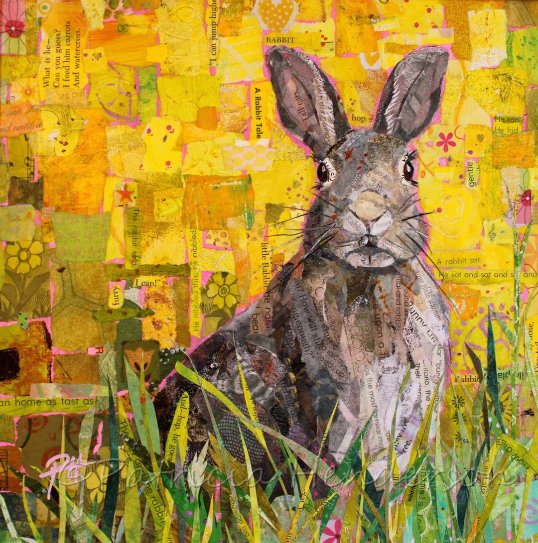 I'M ALL EARS Original Paper Collage Rabbit Painting 12 X 12" on Gallery ...