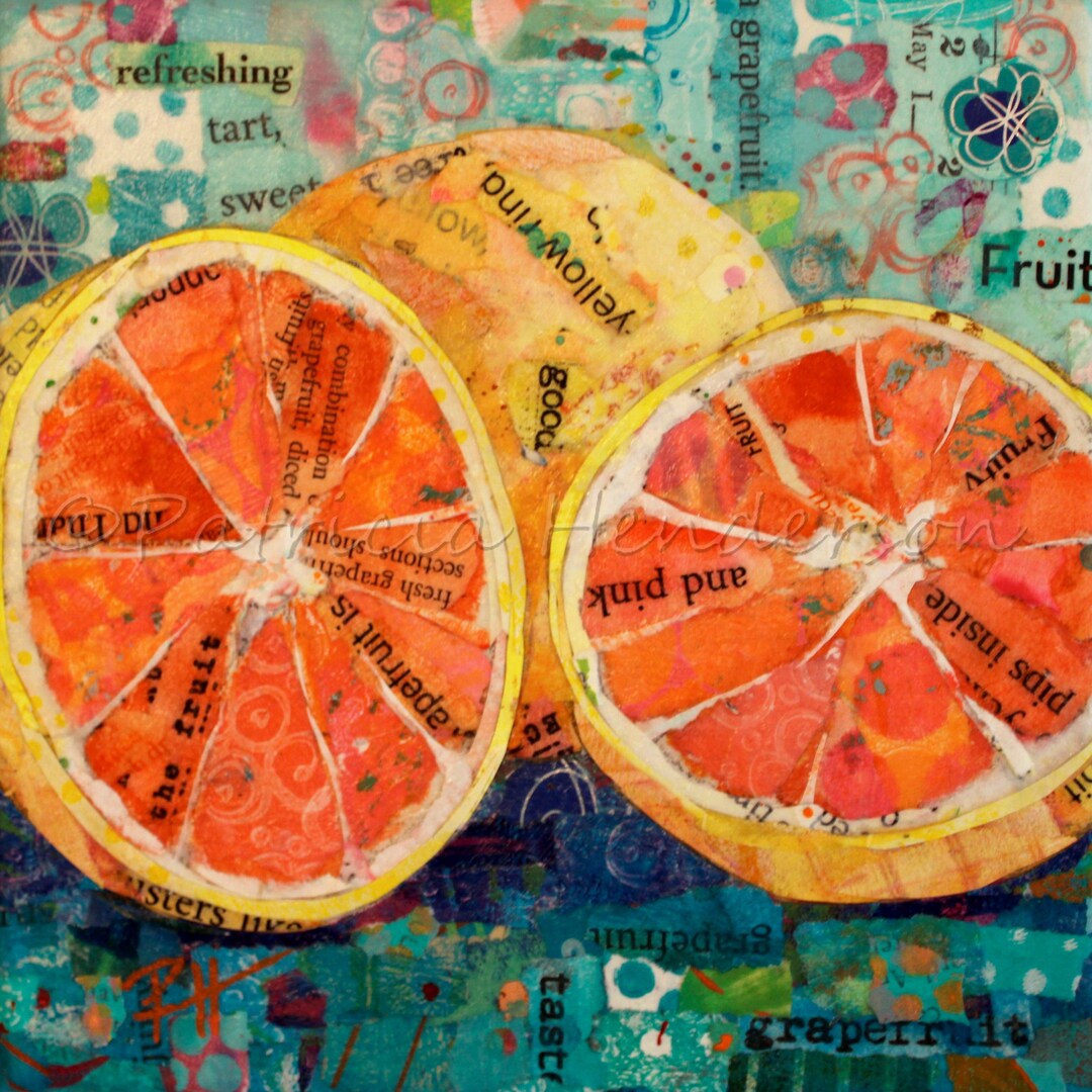 SWEET-TART Original Paper Collage GRAPEFRUIT Painting 6 X 6" on 1.5 ...