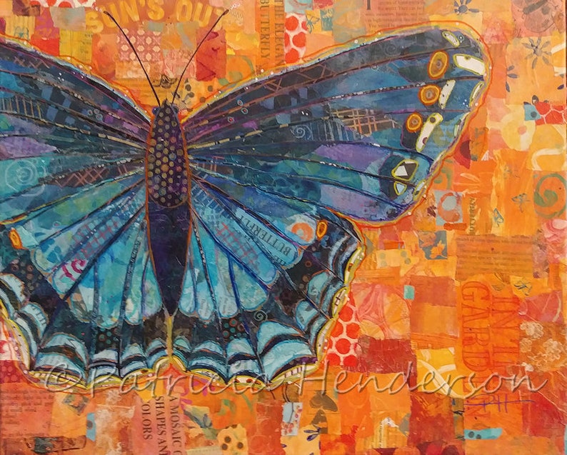 BIG BLUE BUTTERFLY Original Paper Collage Painting 16 X 20 X 1.5" on ...