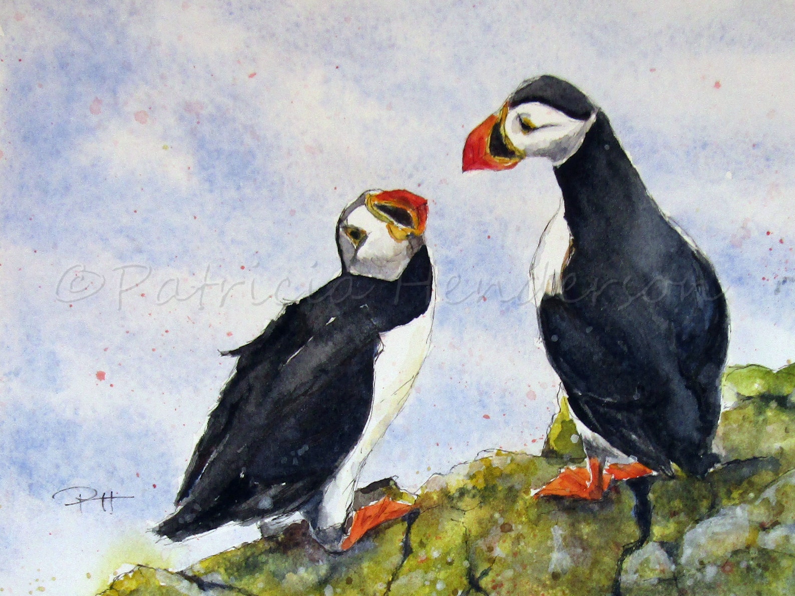 A PAIR of PUFFINS Original Watercolor and Ink Bird Painting 7” X 5” on ...