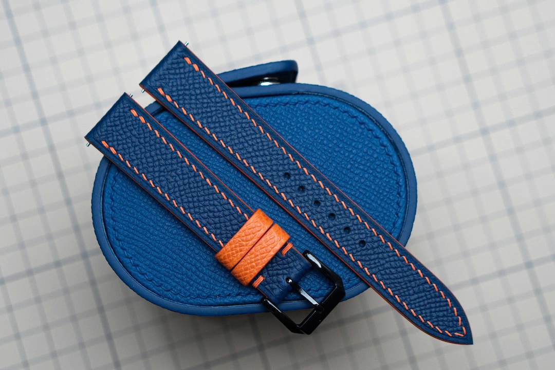 Handmade Epsom Leather Watch Strap: Navy Blue With Orange Stitching - Etsy