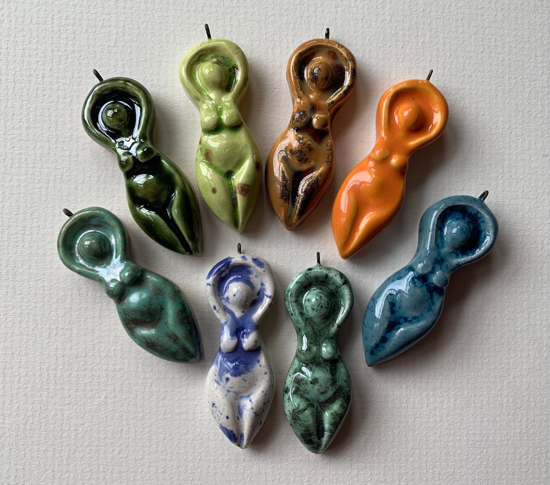Earth Mother Goddess Ceramic Pottery Glazed Pendant Green Pink ...