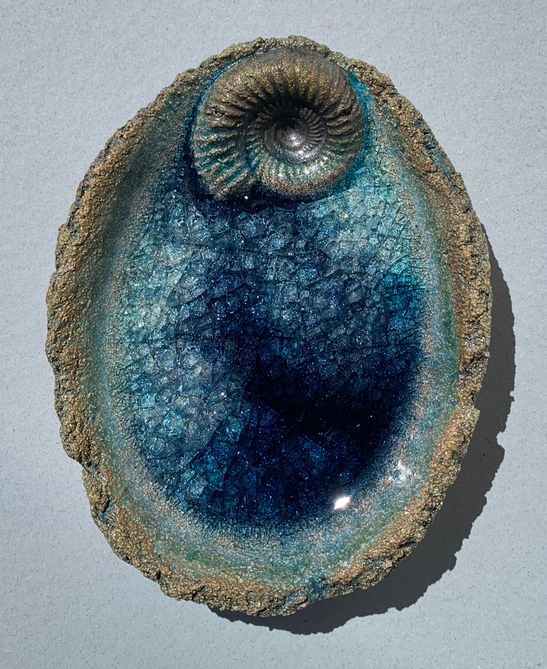 Turquoise Blue Glazed Ceramic and Recycled Glass Dish With Ammonite ...