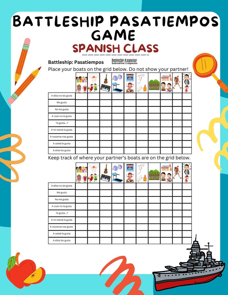 Spanish Battleship Game – Pasatiempos | Printable Speaking Activity ...