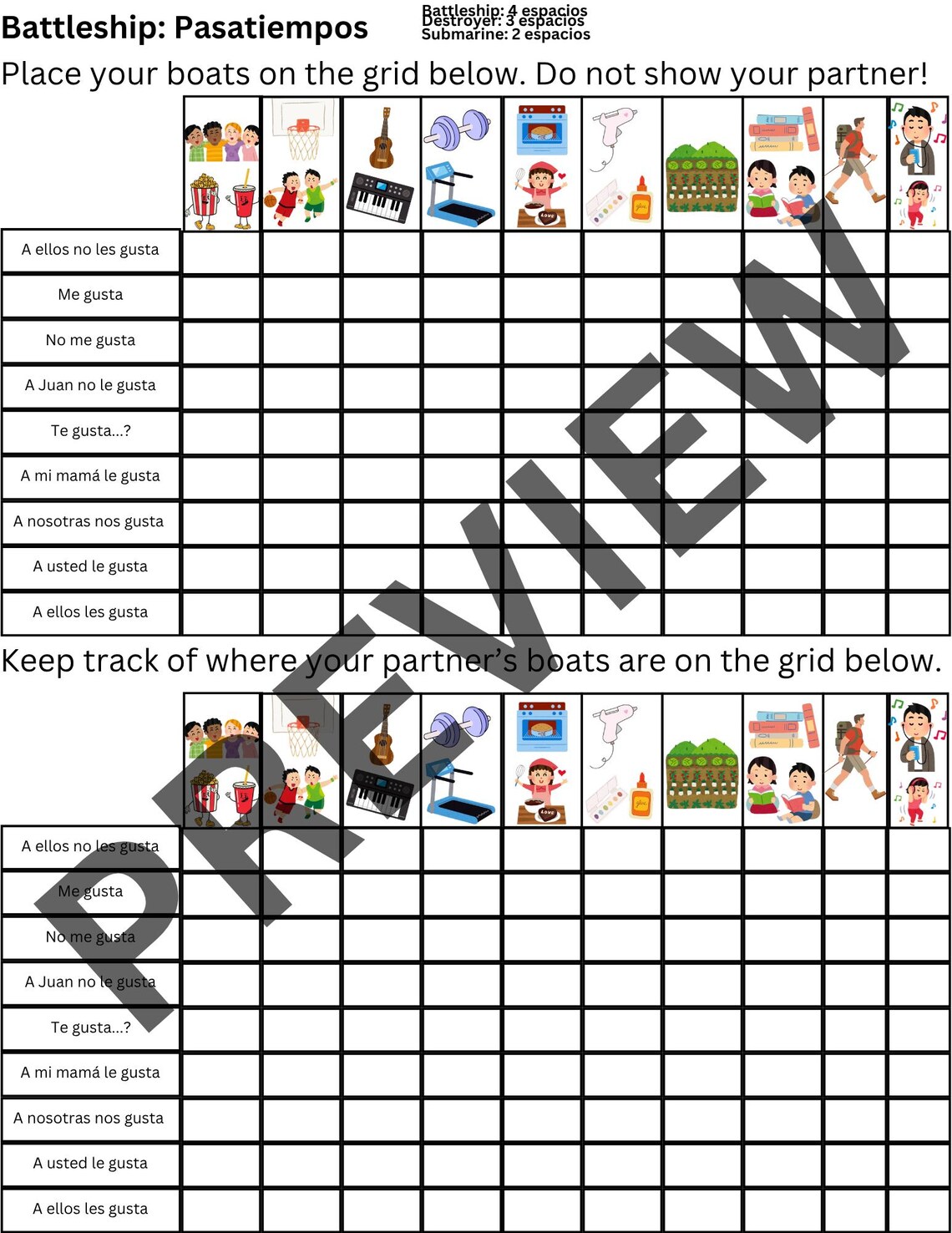 Spanish Battleship Game – Pasatiempos | Printable Speaking Activity ...