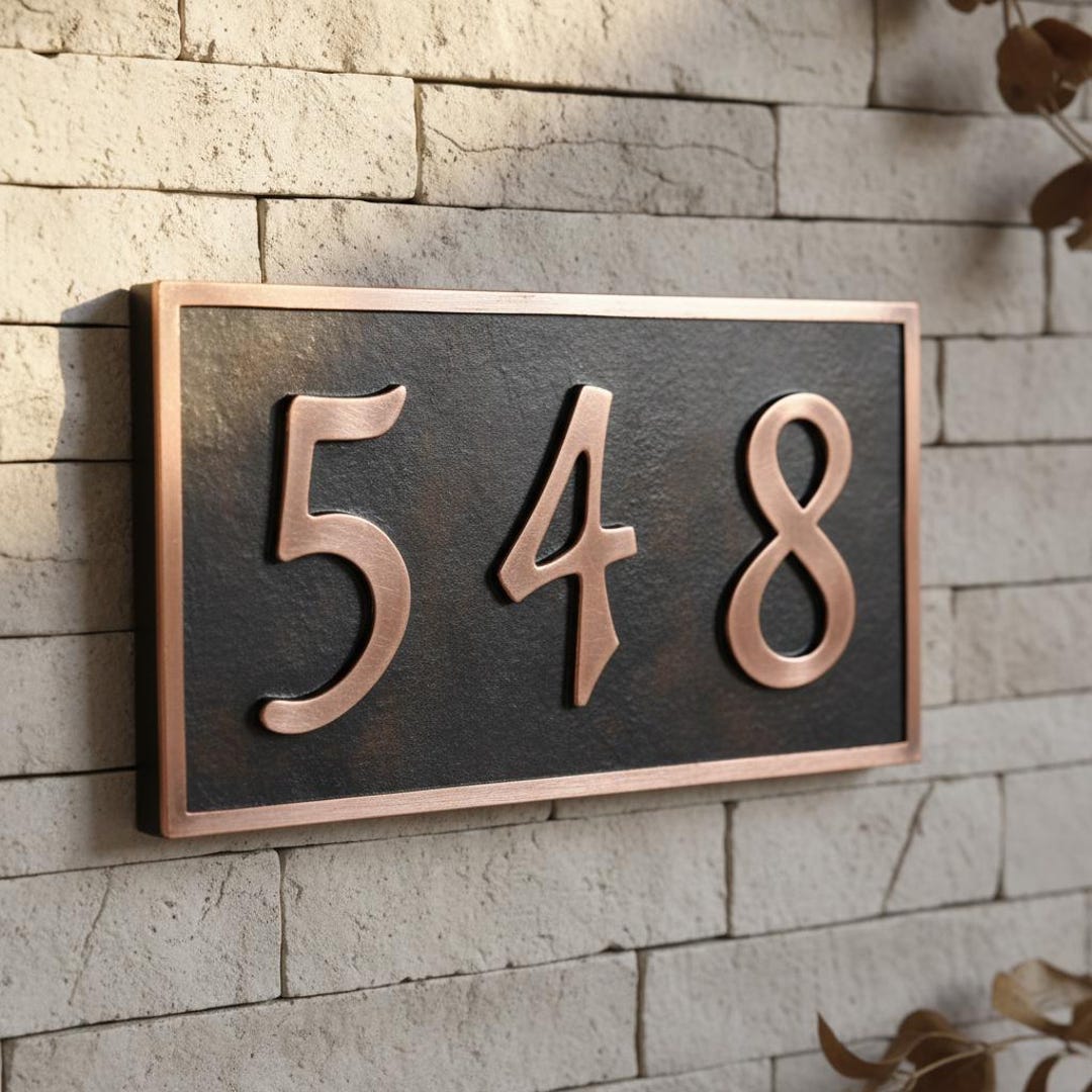 Handmade Dark Patina Copper Address Plaque, 3-5 Numbers Horizontal Sign ...