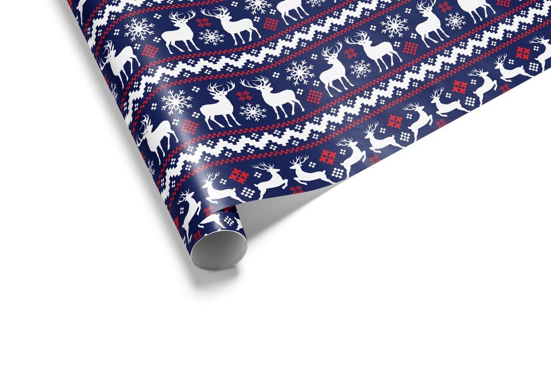 Norwegian Christmas Wrapping Paper | Navy Reindeer Snowflake Gift Wrap ...
