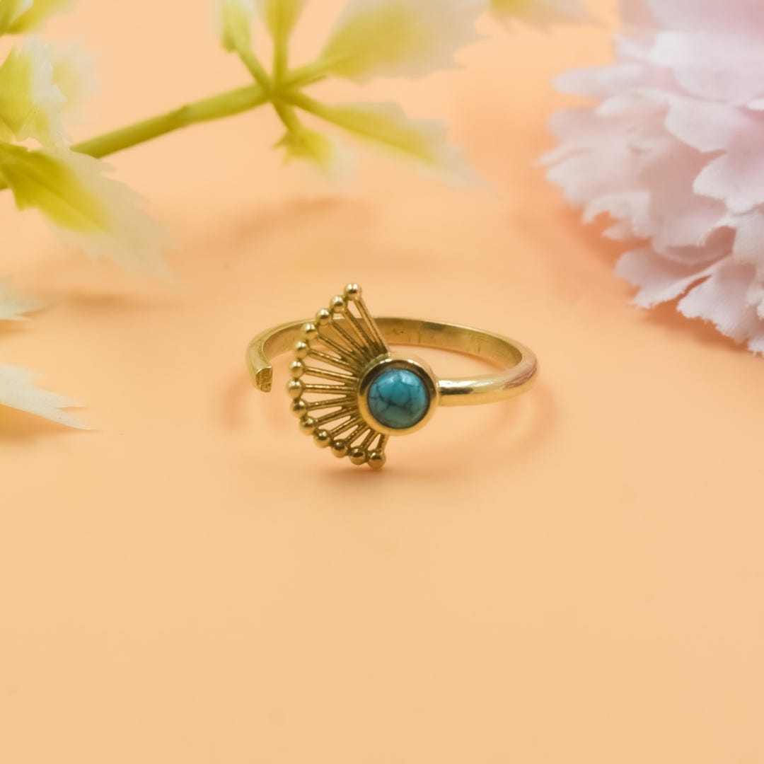 Boho Brass Turquoise Fan Ring, Sunburst Gemstone Statement Jewelry - Etsy