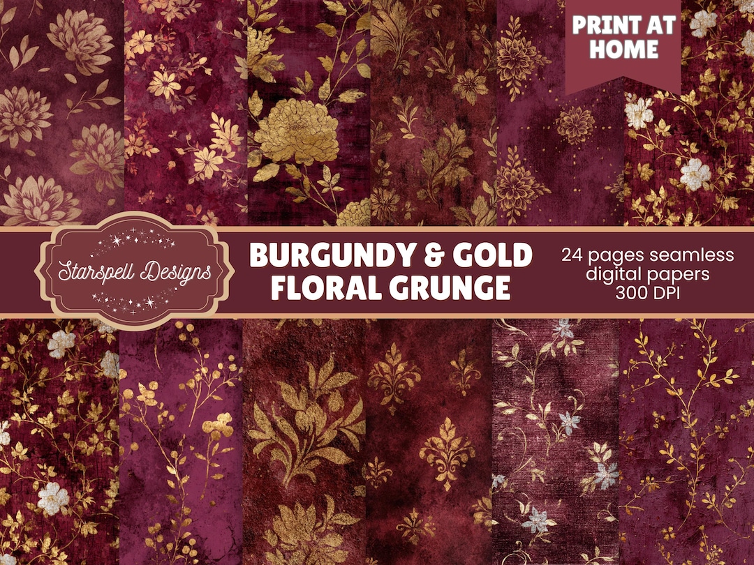 Burgundy & Gold Floral Grunge Seamless Patterns | Digital Papers for ...