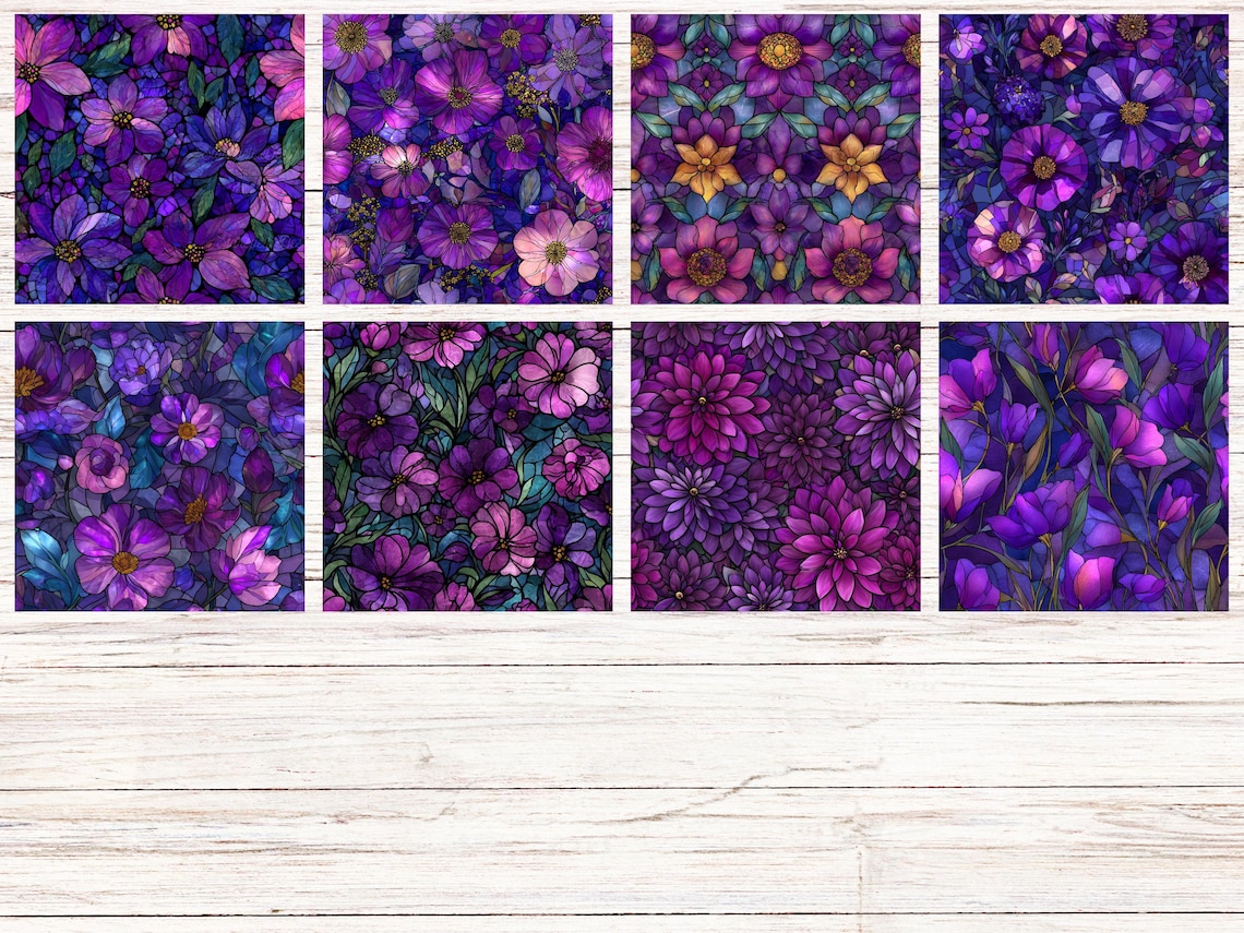 Purple Stained Glass Floral Seamless Patterns | Gothic Digital Papers ...