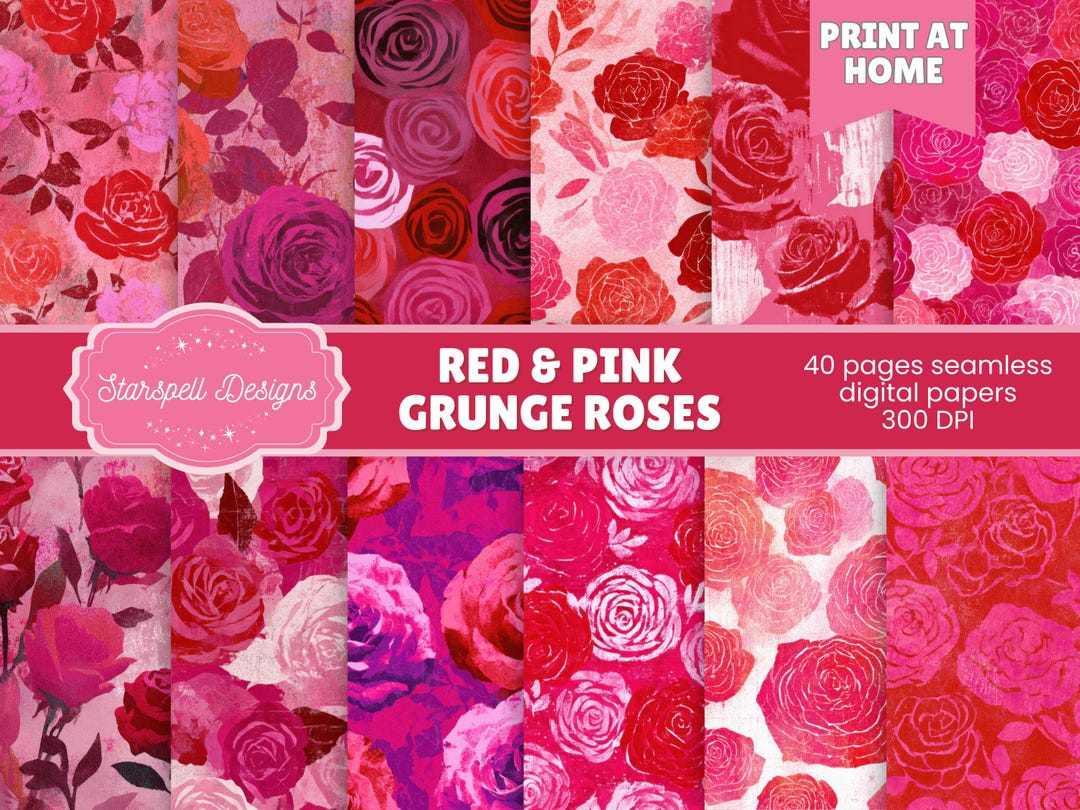Red & Pink Grunge Roses Seamless Patterns | Dark Romantic Floral ...