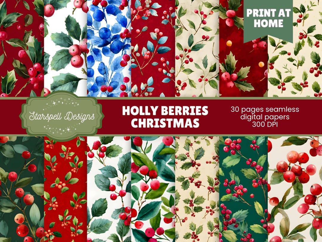 Christmas Digital Papers Commercial Use | Watercolor Holly Berries ...