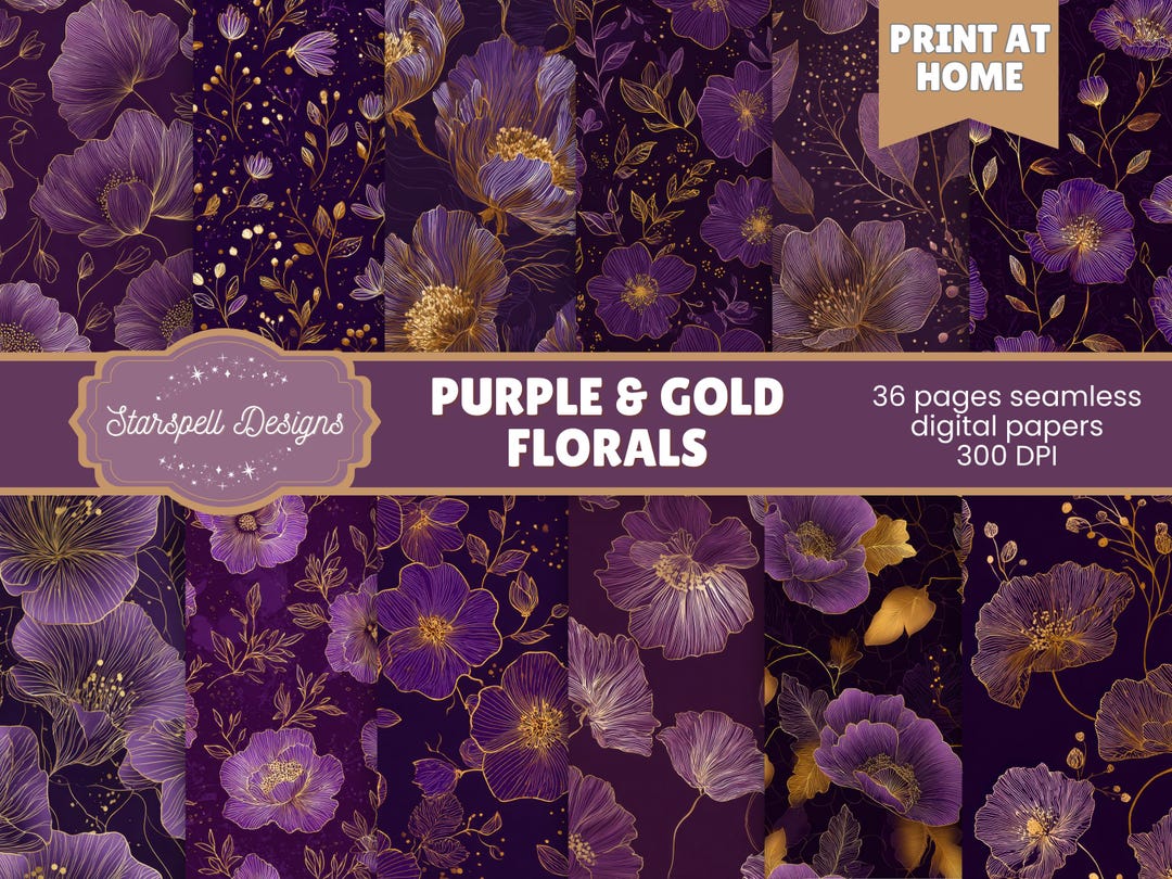 Purple & Gold Floral Seamless Pattern Set | Luxe Digital Papers for ...
