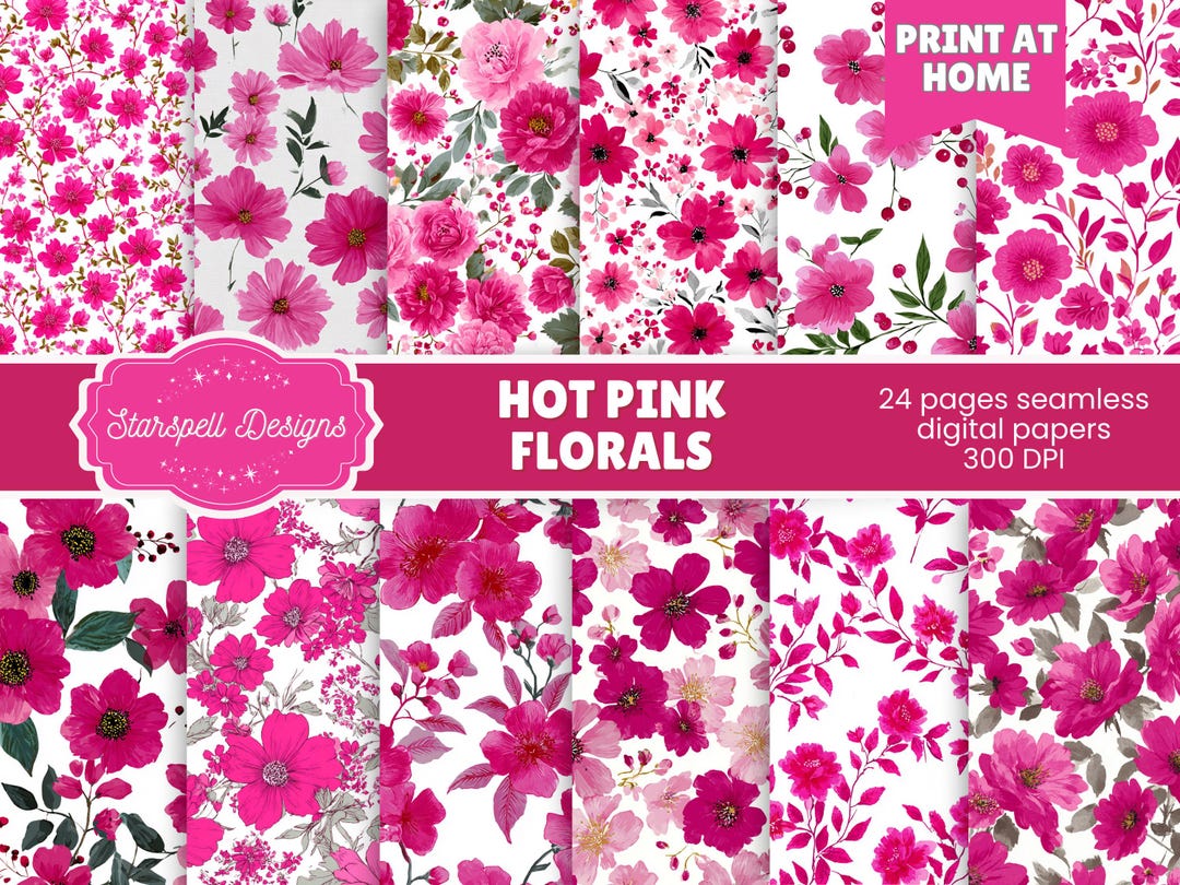 Hot Pink Floral Seamless Digital Paper, Bright Flower Patterns for ...