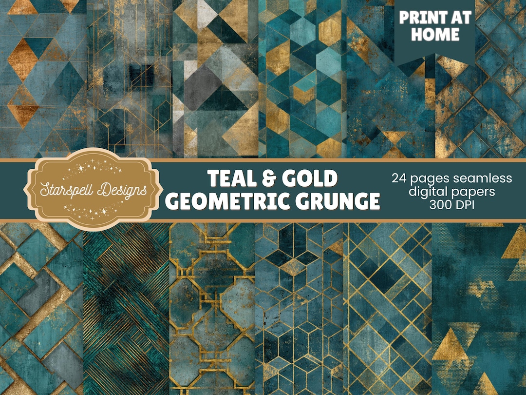 Teal Geometric Grunge Seamless Patterns | 32 Abstract Texture Digital ...