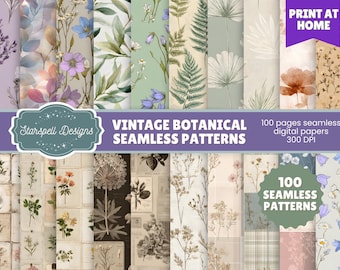 Vintage Botanical Digital Paper: 100 Seamless Antique Floral Patterns ...
