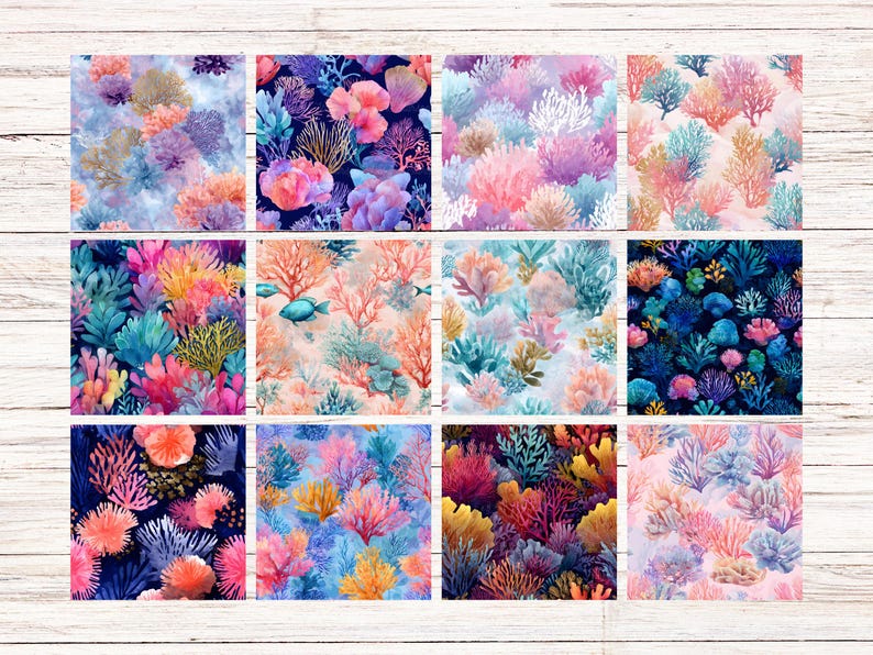 Watercolor Coral Reefs Seamless Patterns | 36 Ocean-themed Digital ...