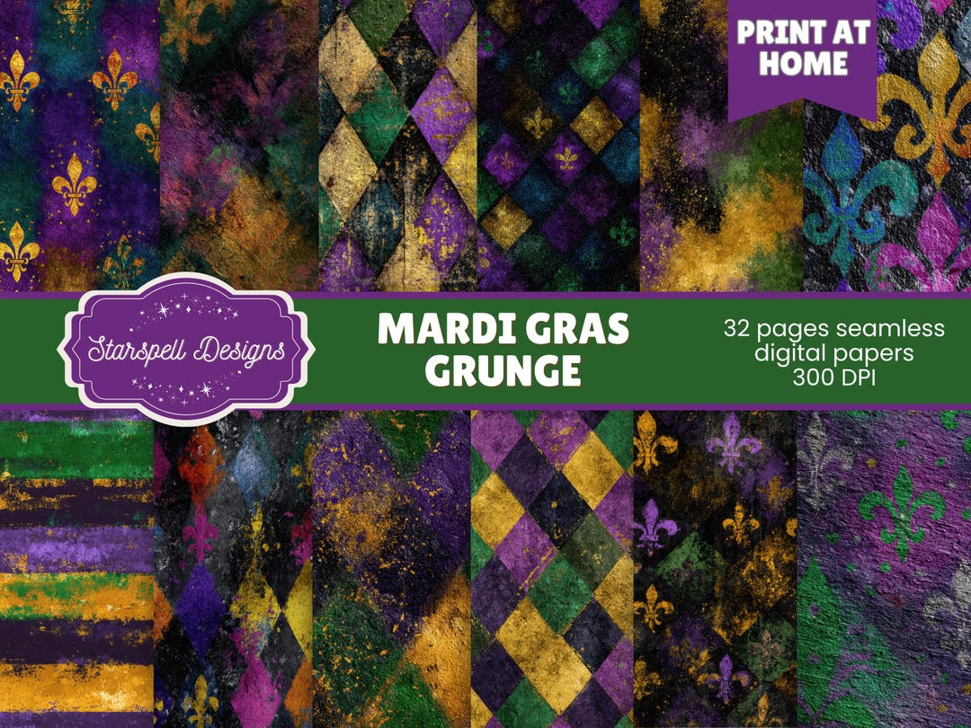 Mardi Gras Grunge Seamless Patterns | Digital Scrapbook Papers in ...
