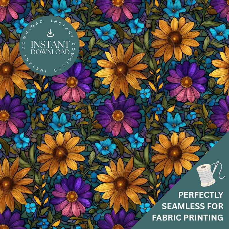 Stained Glass Wildflowers Seamless Pattern | Mosaic Floral Digital ...