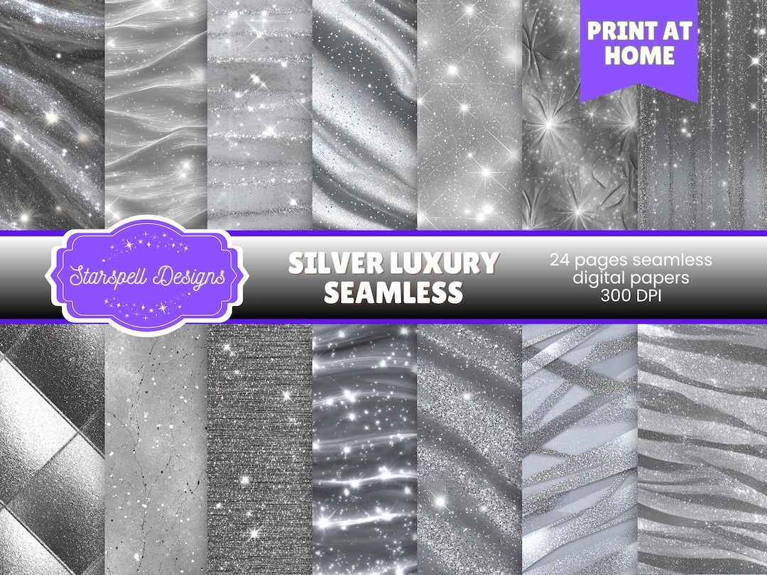 Silver Glitter Digital Paper Background Set, Seamless Metallic Textures ...