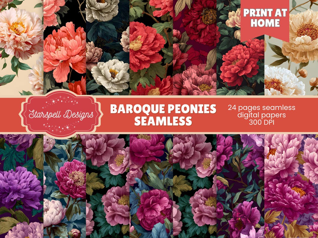 Baroque Peonies Seamless Patterns | 24 Elegant Floral Digital Papers ...