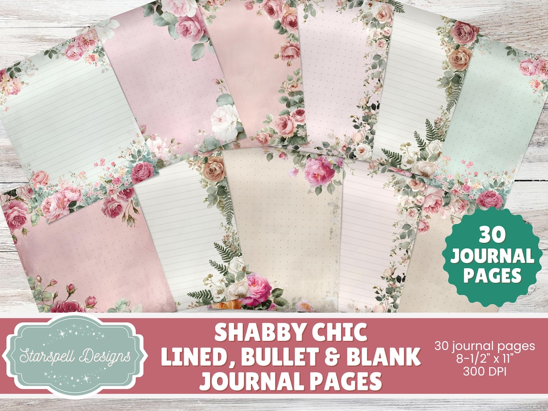 Bullet, Lined & Blank Journal Pages: Shabby Chic Design, Digital ...