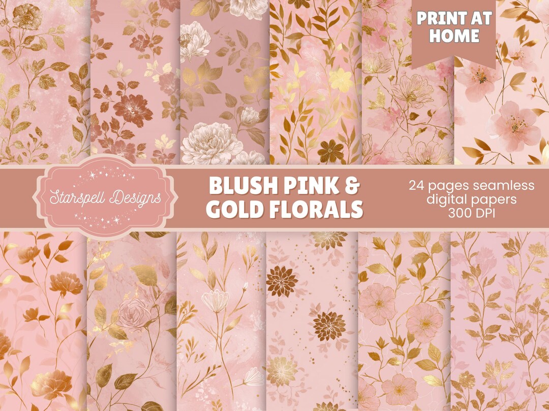Blush Pink & Gold Floral Seamless Patterns | Digital Papers for ...