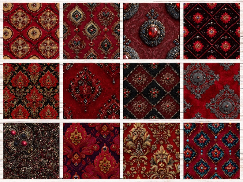 Red Jeweled Brocade Seamless Patterns | 24 Ornate Luxury Digital Papers ...