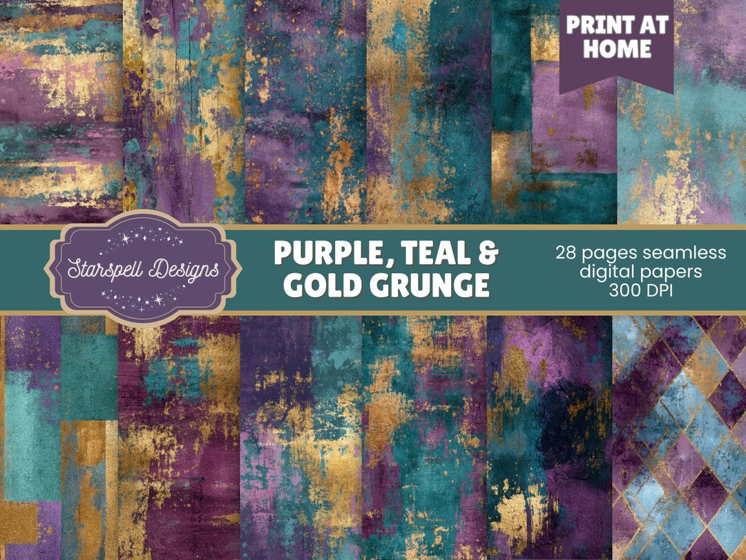 Purple, Teal & Gold Grunge Seamless Digital Papers | Jewel-tone ...
