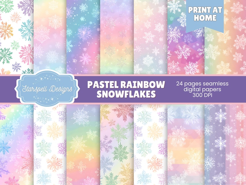 Pastel Rainbow Snowflake Seamless Patterns | 24 Soft Winter Digital ...