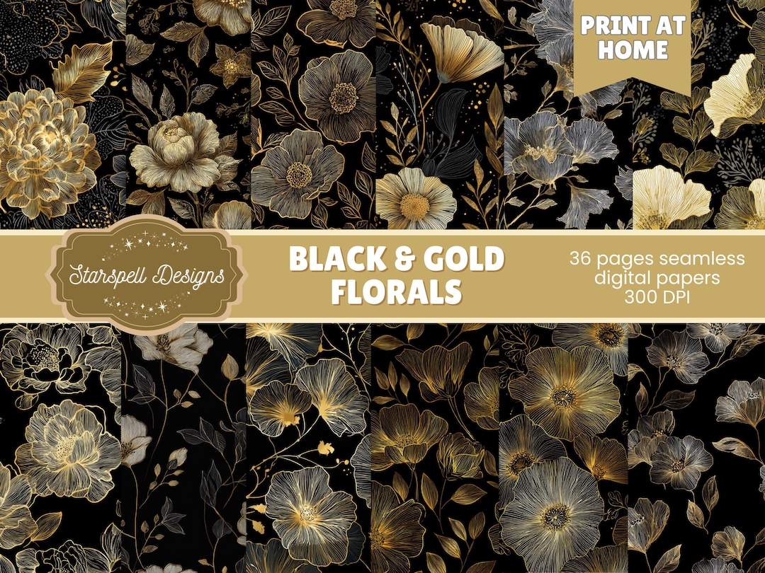 Black & Gold Floral Seamless Patterns | 36 Luxe Elegant Digital Papers ...