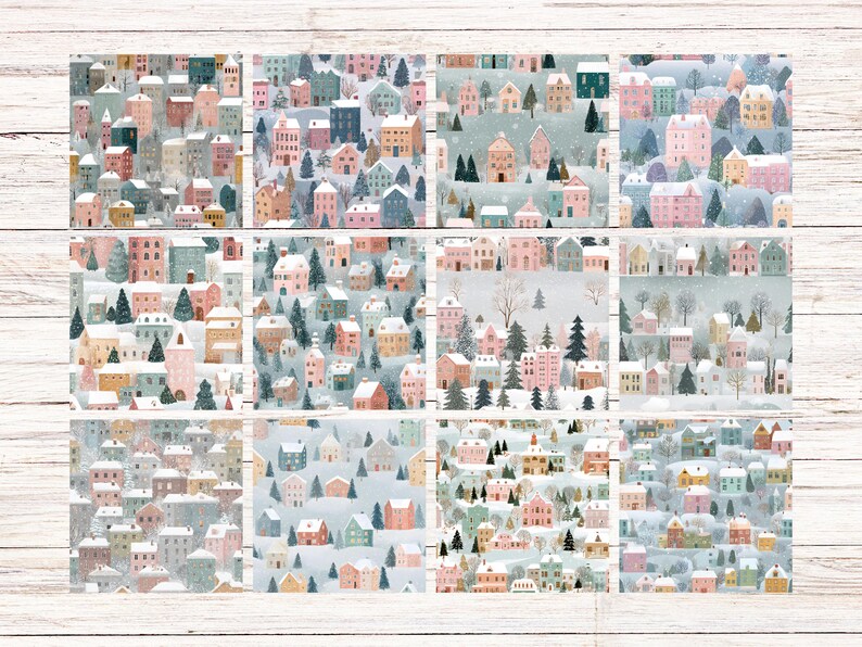 Pastel Christmas Village Seamless Patterns | 24 Cozy Winter Town ...