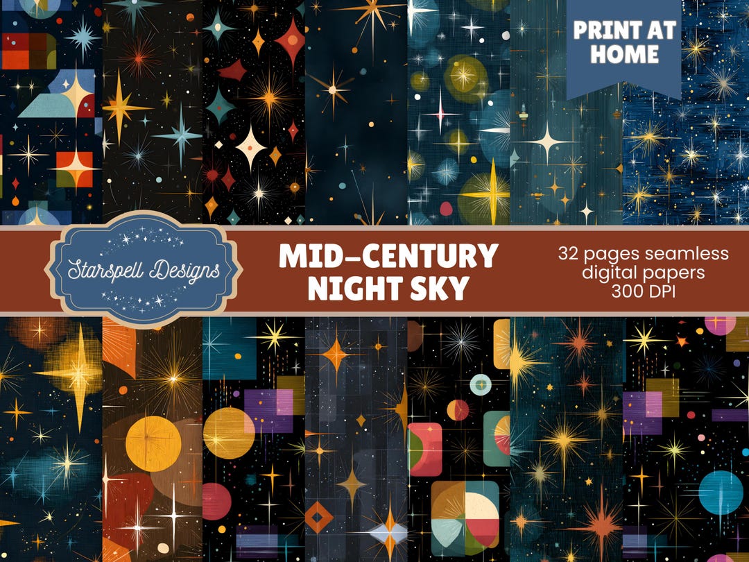 Mid-century Night Sky Seamless Patterns | 32 Retro Abstract Starry ...